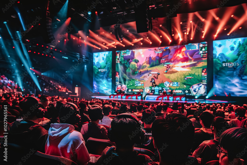 Crowd of people are watching a video game on a large screen. The ...