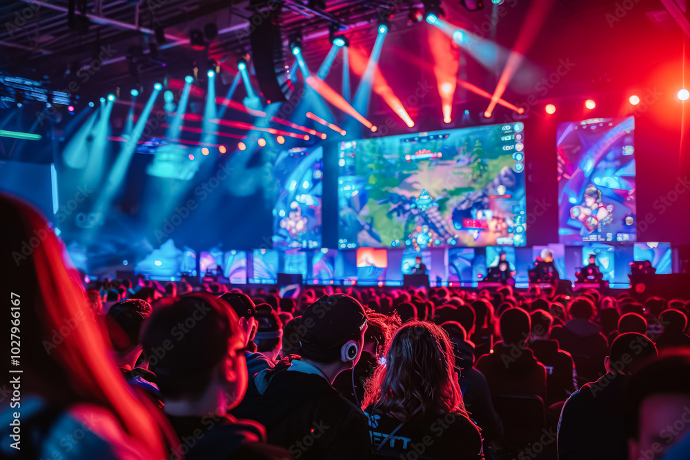 Crowd of people are watching a video game on a large screen. The ...