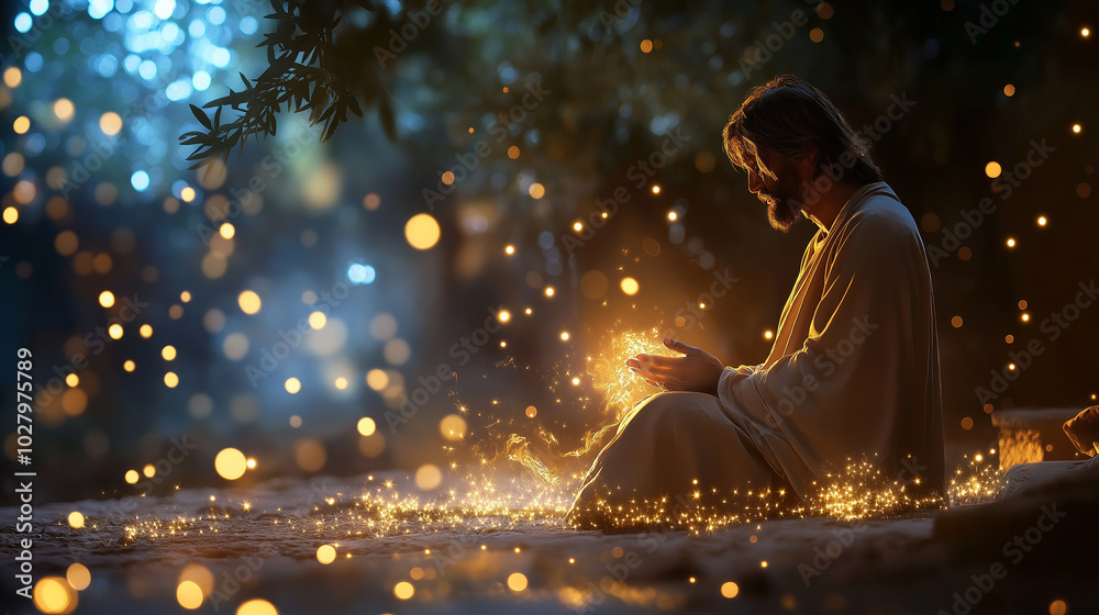 Yeshua prays in the Garden of Gethsemane, with glowing signs of divine ...