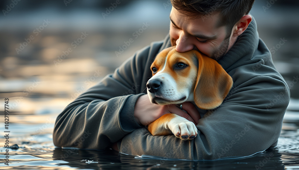 Foto de Handsome man carefully hug sweet young beagle, try to warm doggy, whisper something ...