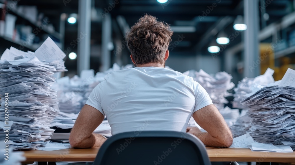 In a dynamic and chaotic scene, a person sits at a desk while papers ...
