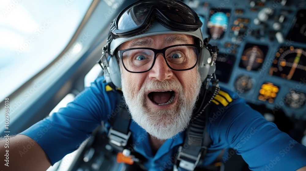 An enthusiastic pilot wearing glasses and a headset takes a dynamic ...