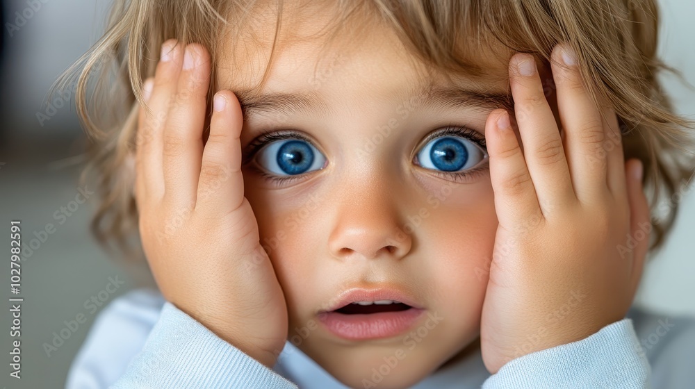 A child with big blue eyes mimics a shock gesture with their hands on ...