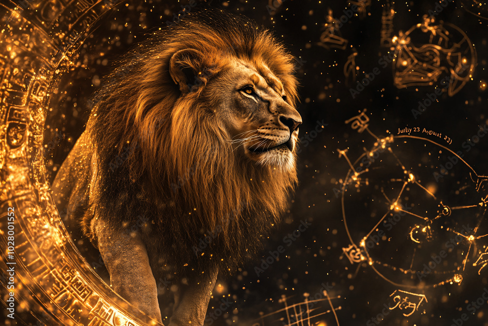 A majestic lion surrounded by glowing zodiac symbols in a golden aura ...