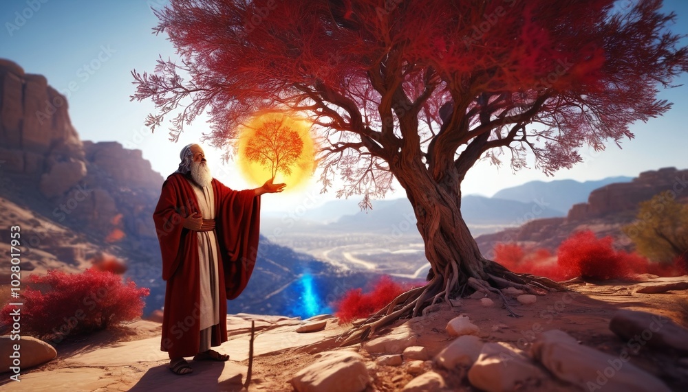 An inspiring image depicts Moses at the burning bush on Mount Horeb ...