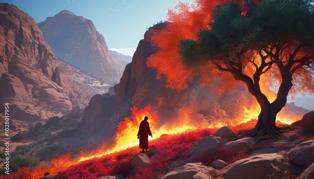 A captivating artwork illustrates Moses encountering the burning bush ...