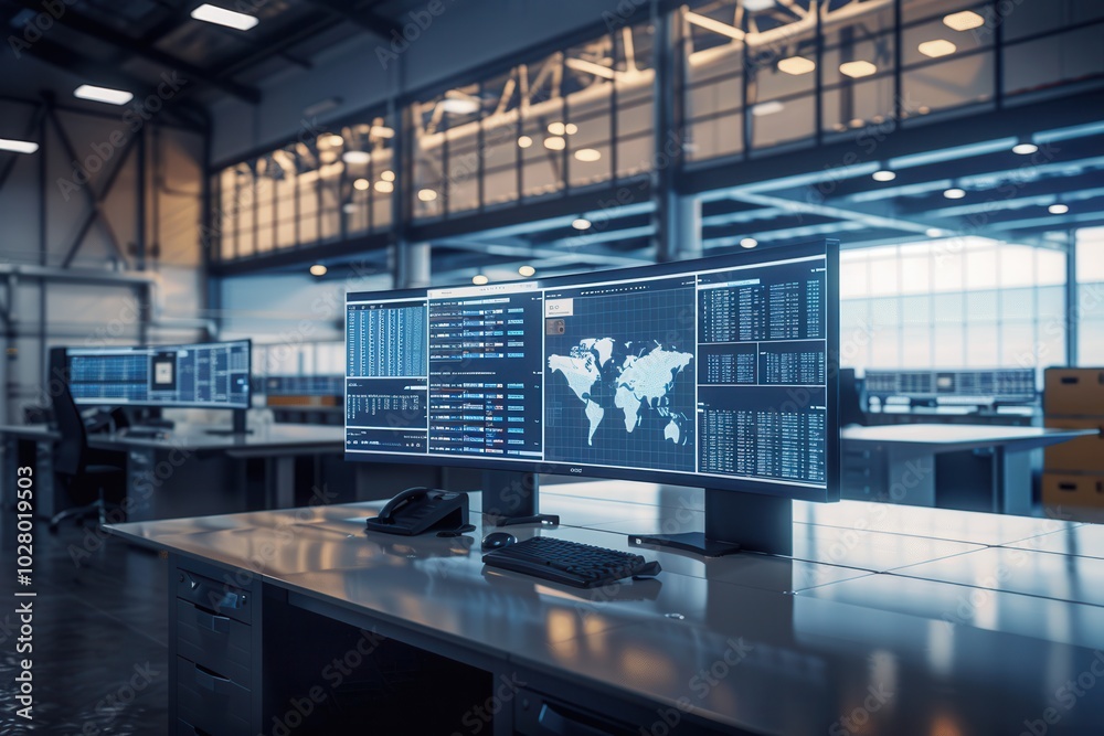 Large screens display real-time delivery and route data in a busy ...