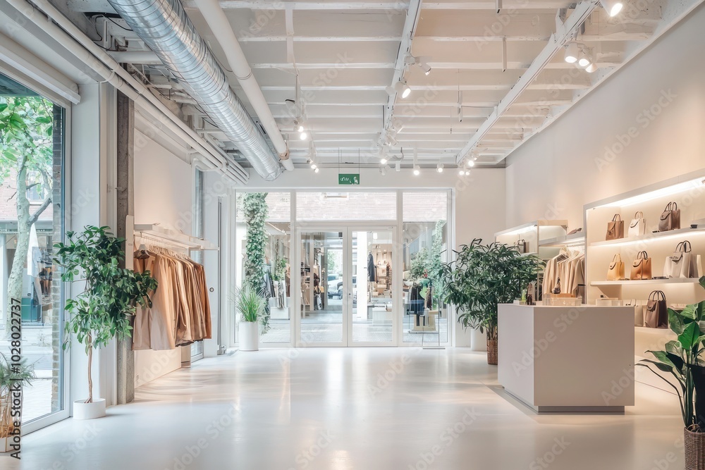 Elegant fashion store with white ceiling, light gray floors, white ...
