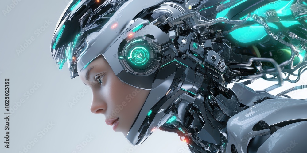 A digital artwork of a cyborg's head blending human and machine ...