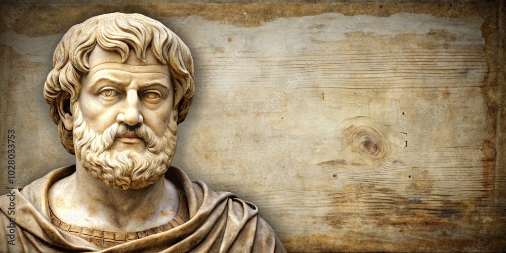 A bust of the Greek philosopher Socrates against a wood grain ...