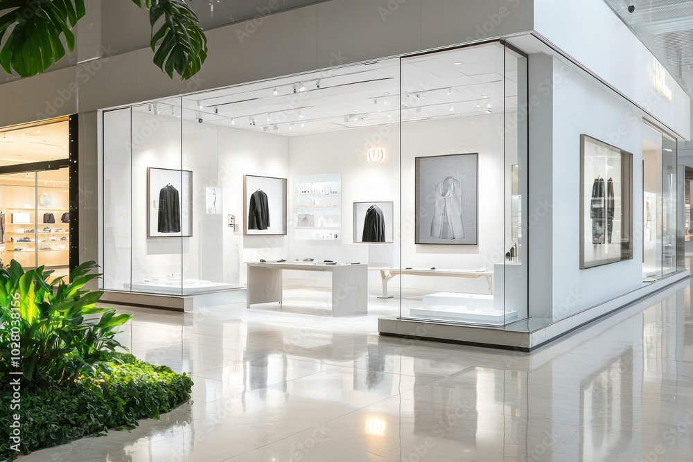 Minimalist fashion store in a mall setting with glass windows, white ...