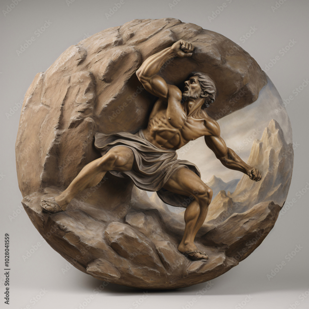 Classical stone sculpture of Sisyphus pushing a boulder in a ...