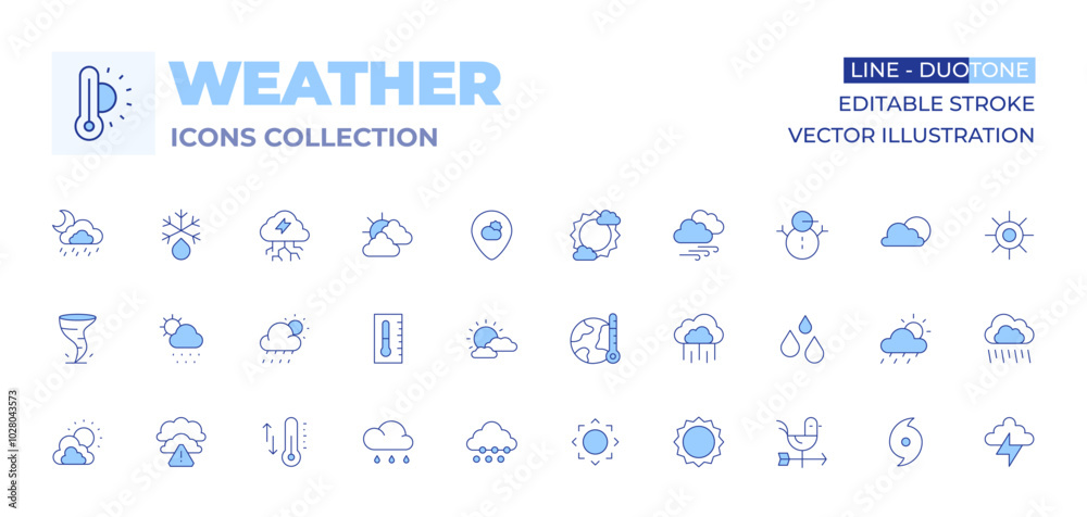Weather icons collection. Line Duotone style, editable stroke. defrost ...
