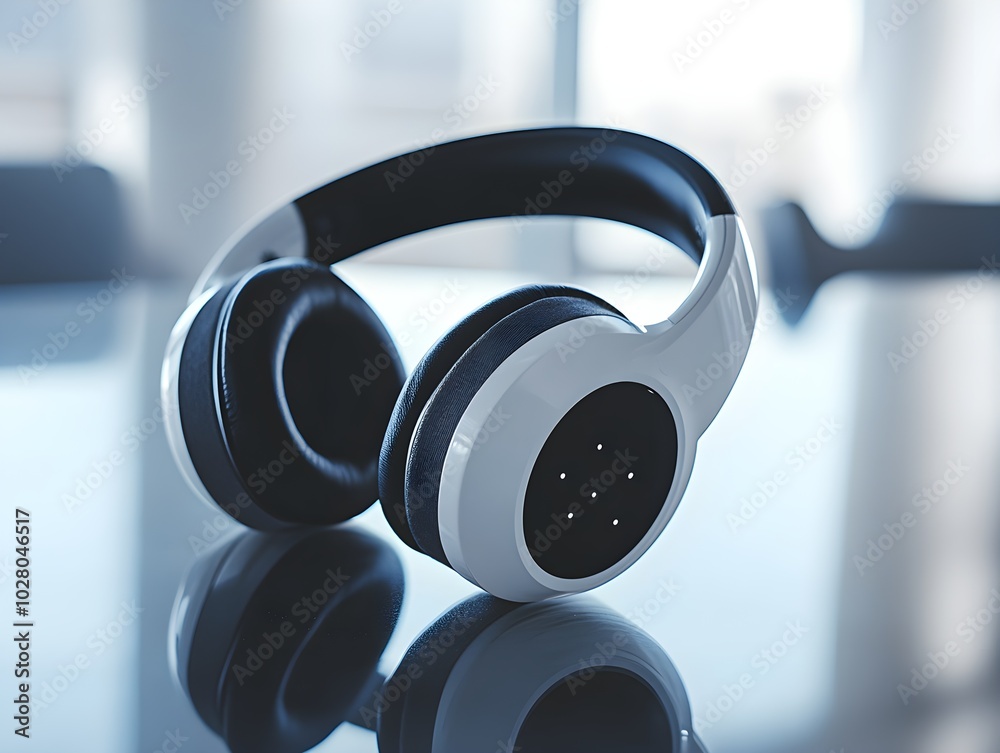 Side view of black and white Bluetooth wireless headphones on a ...