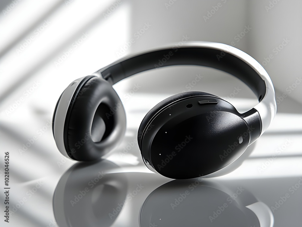 Side view of black and white Bluetooth wireless headphones on a ...