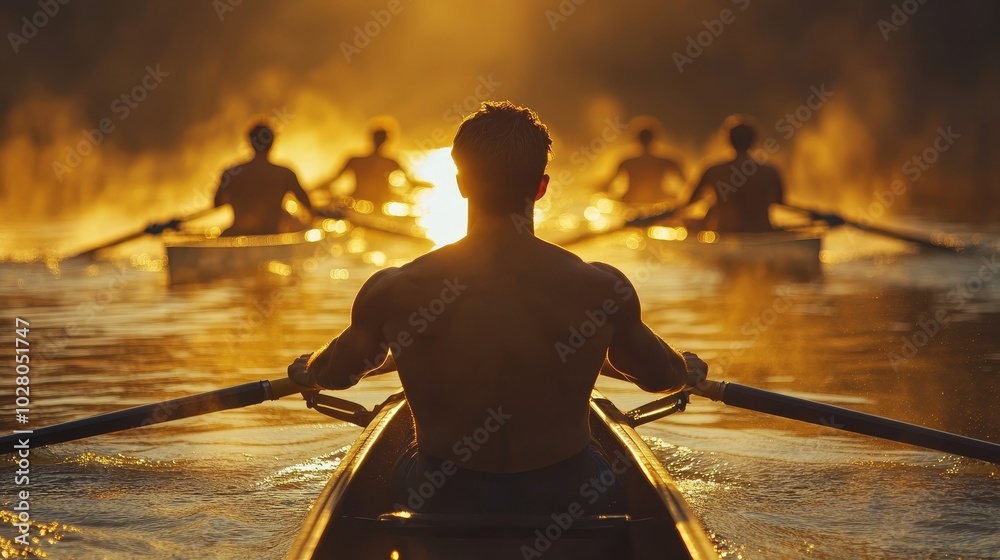 Competitive rowing team pushing forward in golden light, rippling water ...