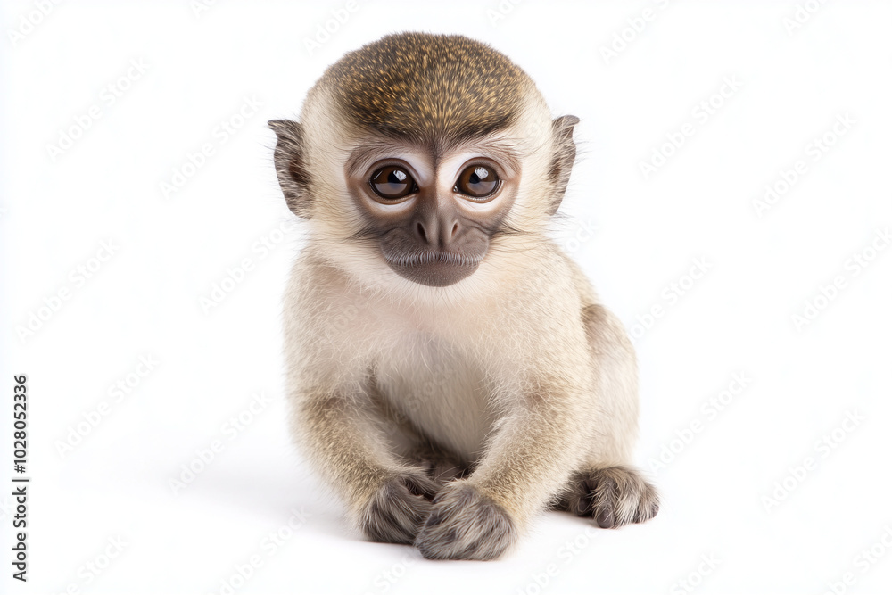 Adorable baby monkey with big eyes sitting on white background, full ...