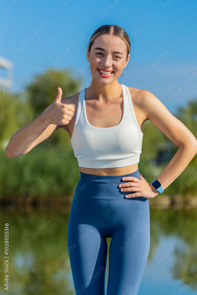 Like. Portrait of athletic fit smiling runner girl training looking at ...