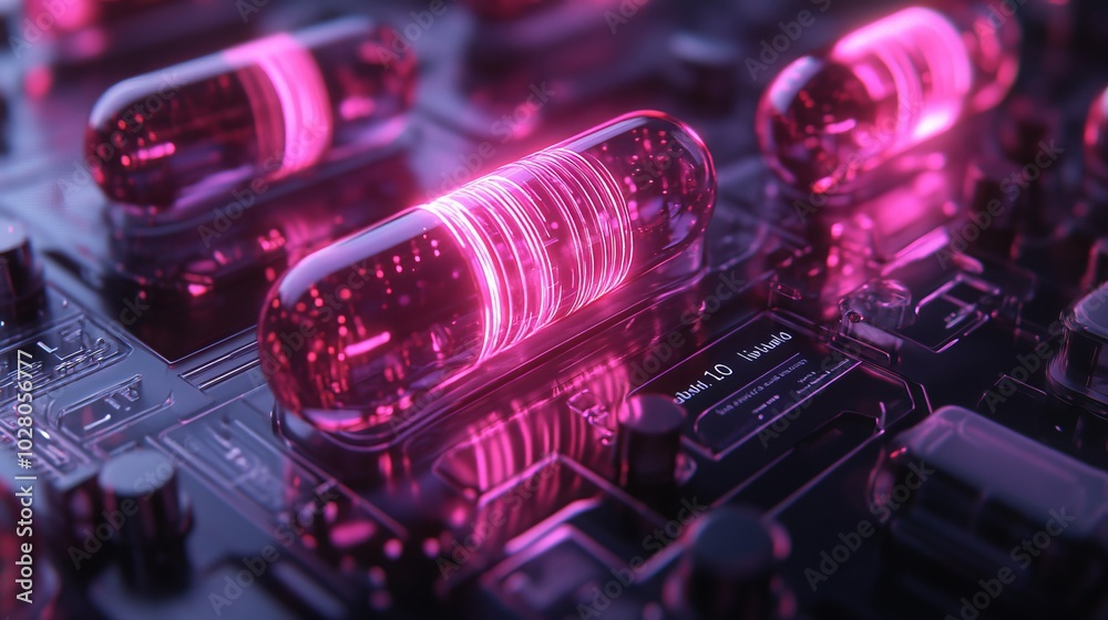 Translucent capsules radiating neon light, resting on a high-tech ...