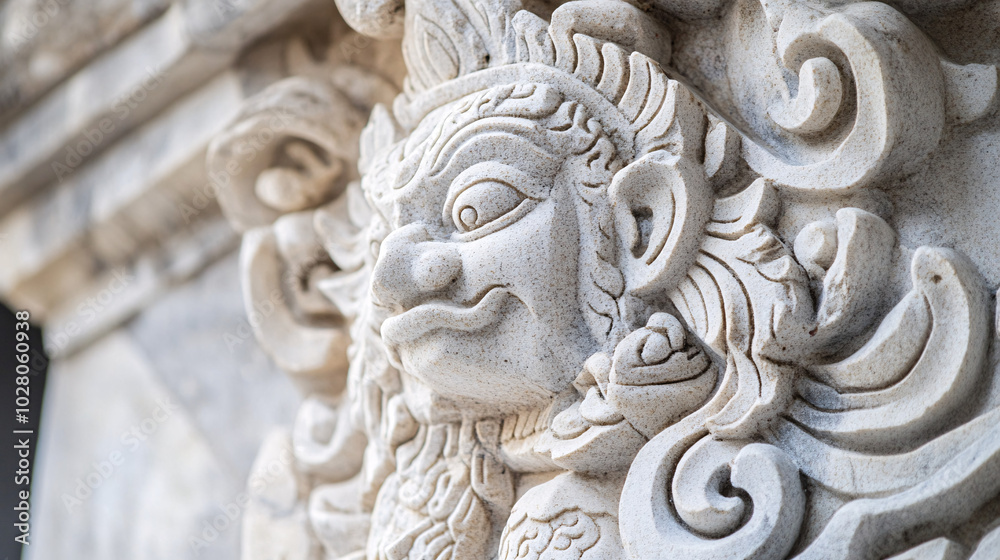 white stone relief carving of a demon face and swirling designs in bali ...
