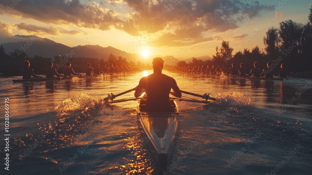 Dynamic rowing team cutting through the water, golden hour reflections ...