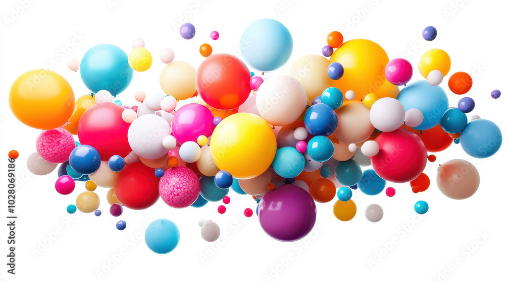 A burst of balloons in multiple colors and sizes, arranged to look like ...