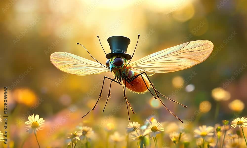 A whimsical insect with a top hat flying over a field of flowers. Stock ...