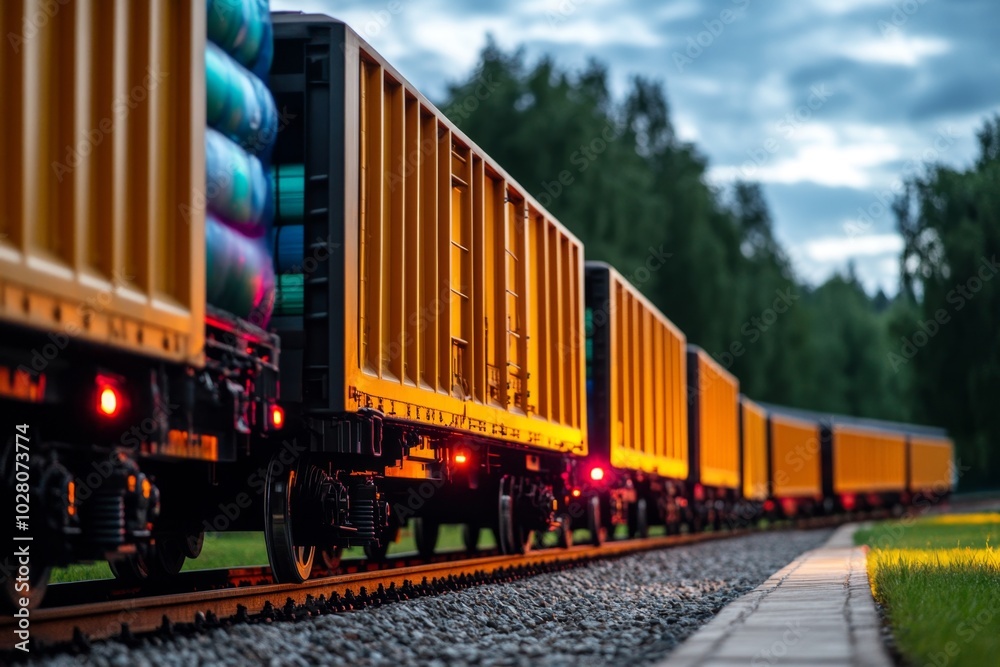 Freight wagons lined up in a rail yard, loaded with cargo, ready to be ...