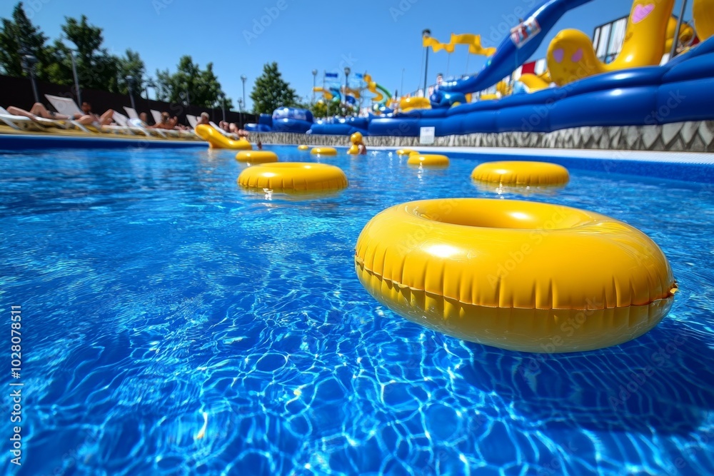 Photo & Art Print A bright blue swimming pool with yellow inflatable ...