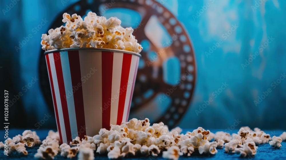 Striped popcorn bucket overflowing with popcorn, scattered on the table ...