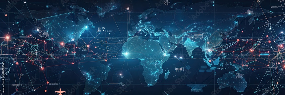 Highlighted transport routes connect regions on a detailed global map ...