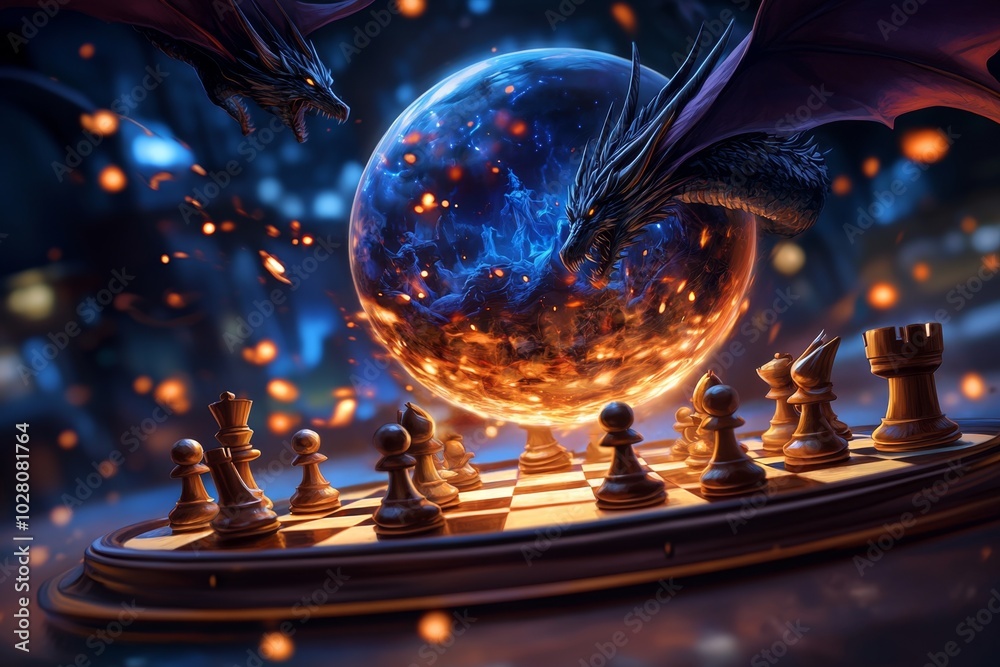Fantasy chess battle with dragons as rooks and wizards as bishops ...
