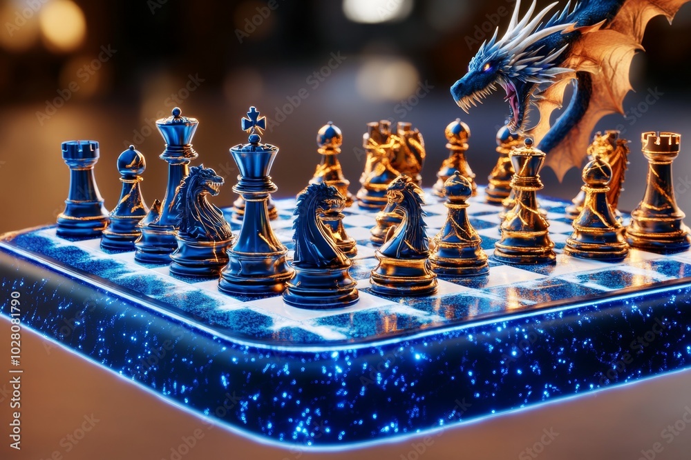 Fantasy chess battle with dragons as rooks and wizards as bishops ...
