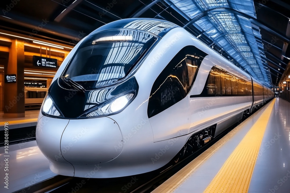 Futuristic train station with transparent walls, where high-tech trains ...