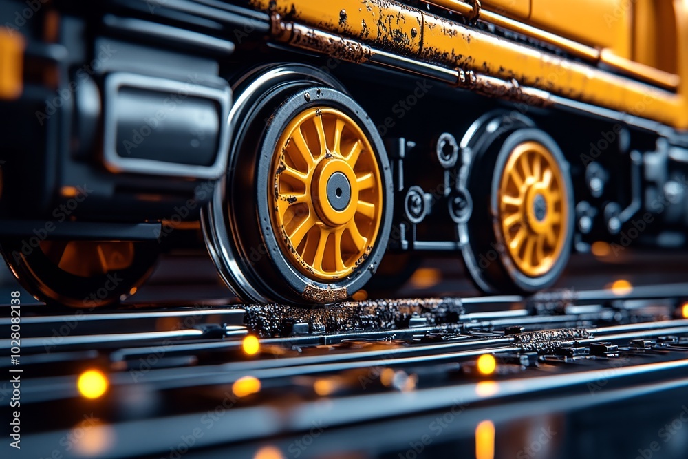 Hyper-realistic close-up of a locomotive's wheels on the rails, with ...
