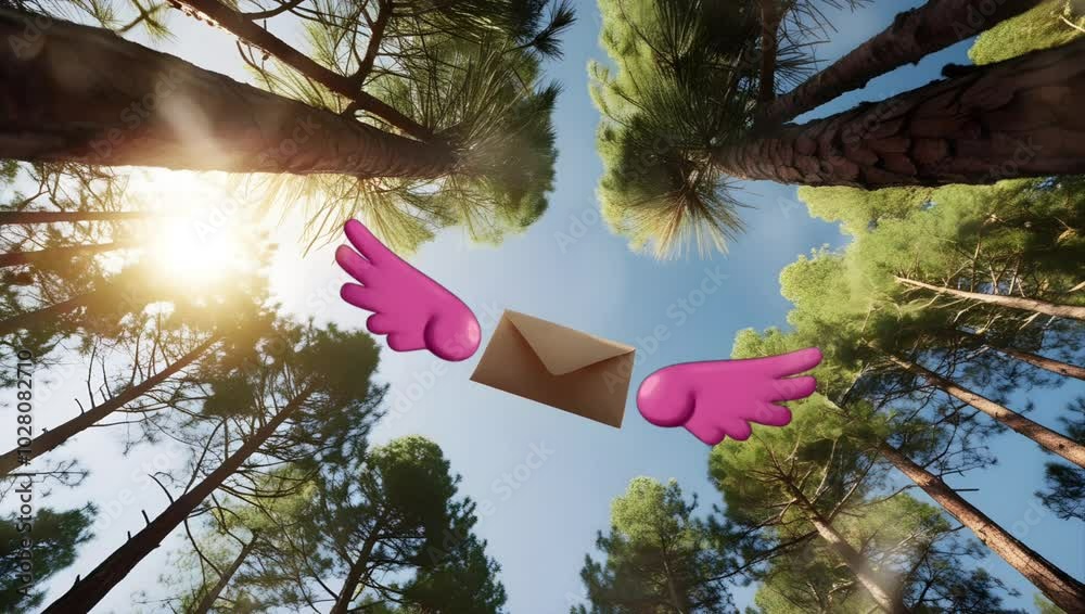 Winged paper letters fly in the middle of the pine forest. Seamless 4K ...