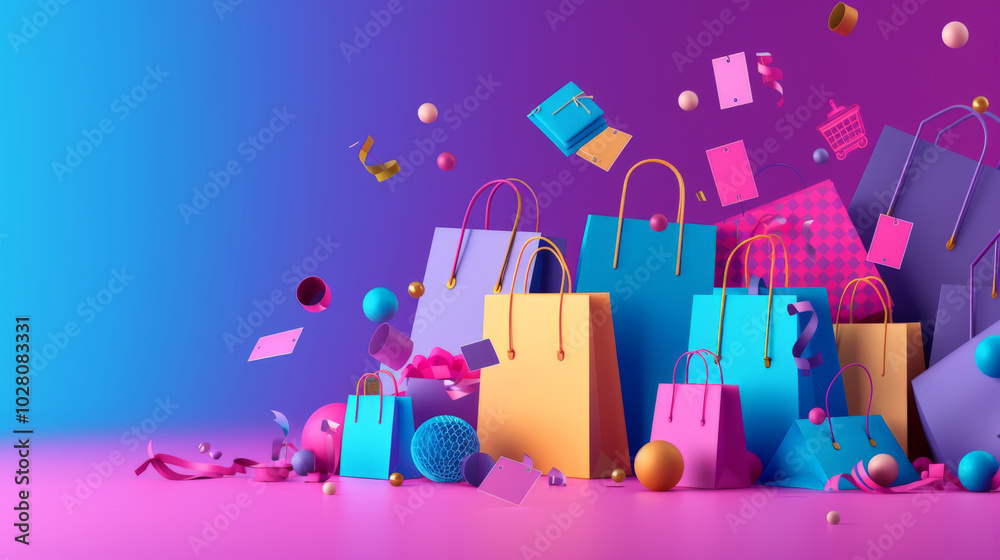 Colorful shopping bags and floating items in vibrant gradient ...