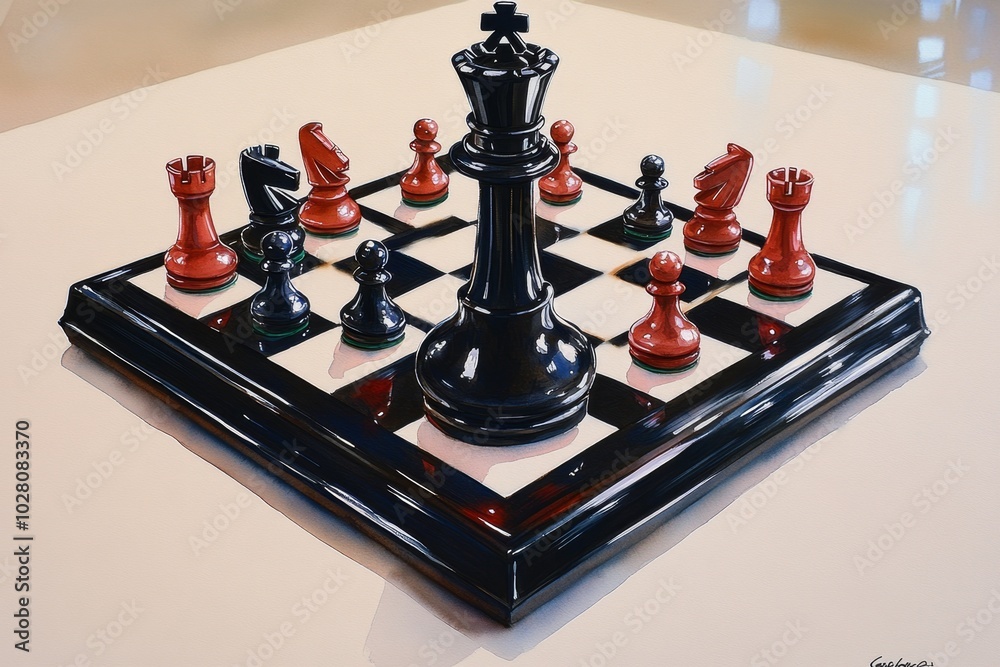 Watercolor painting of a chessboard at the start of a game, with soft ...