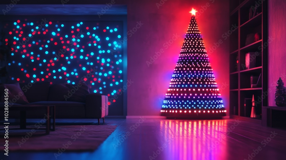 High-tech Christmas tree in a vibrant VR realm, with animated neon ...