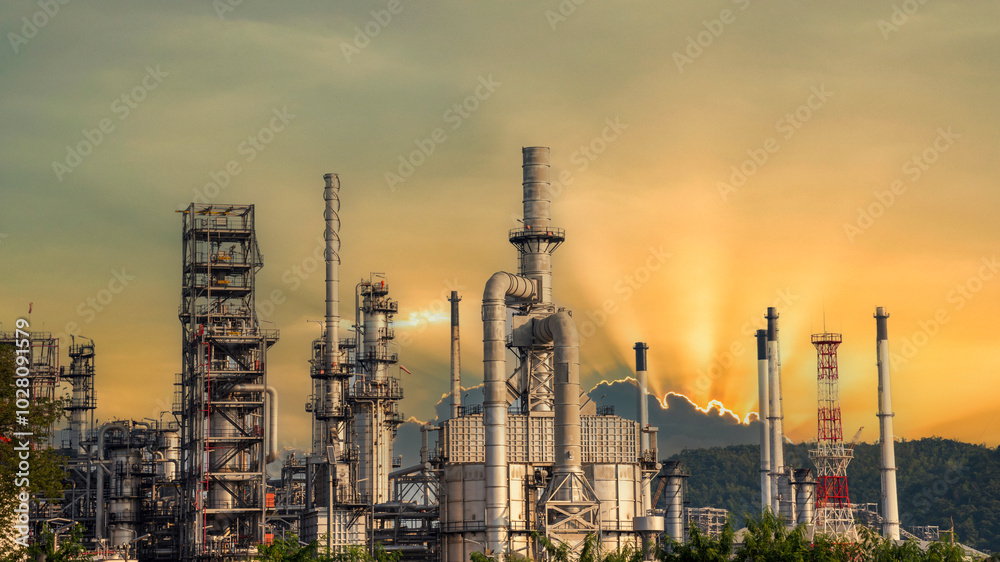 Oil refinery gas petrol plant industry with crude tank, gasoline supply ...