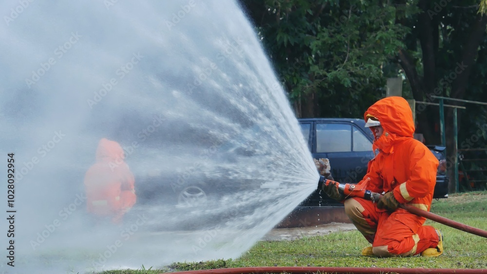 Firefighter Rescue training in fire fighting extinguisher. Firefighter ...