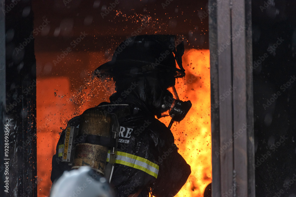 Firefighter Rescue team training in fire fighting extinguisher ...