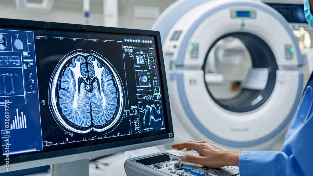 A doctor's hand is on the control panel of a MRI machine, the screen ...