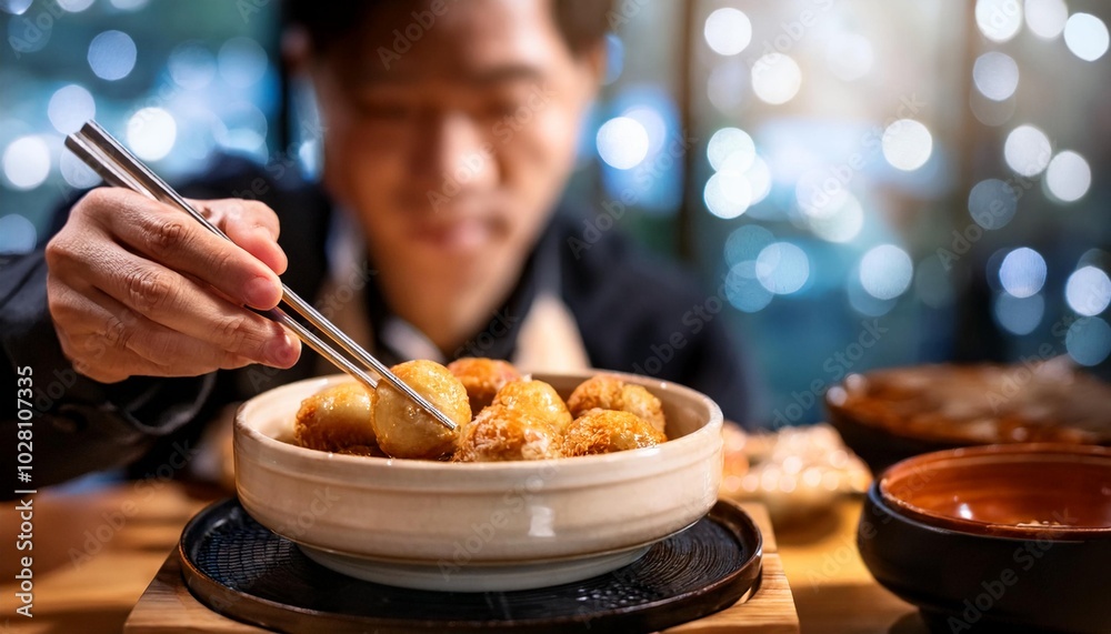 Faceless man eat Tangsuyuk in restaurant with bokeh background. Korean ...