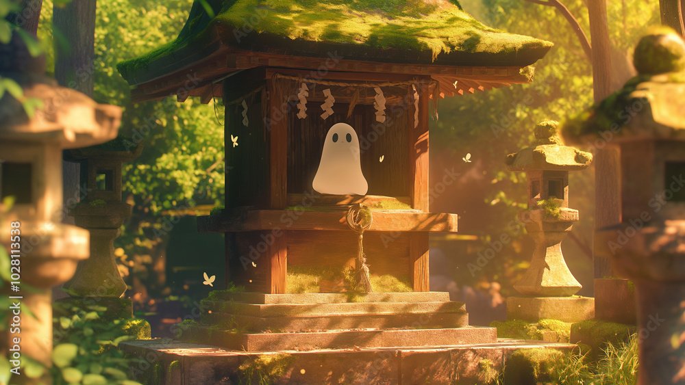 Landscape with cute ghosts. Styled like an anime or game background ...