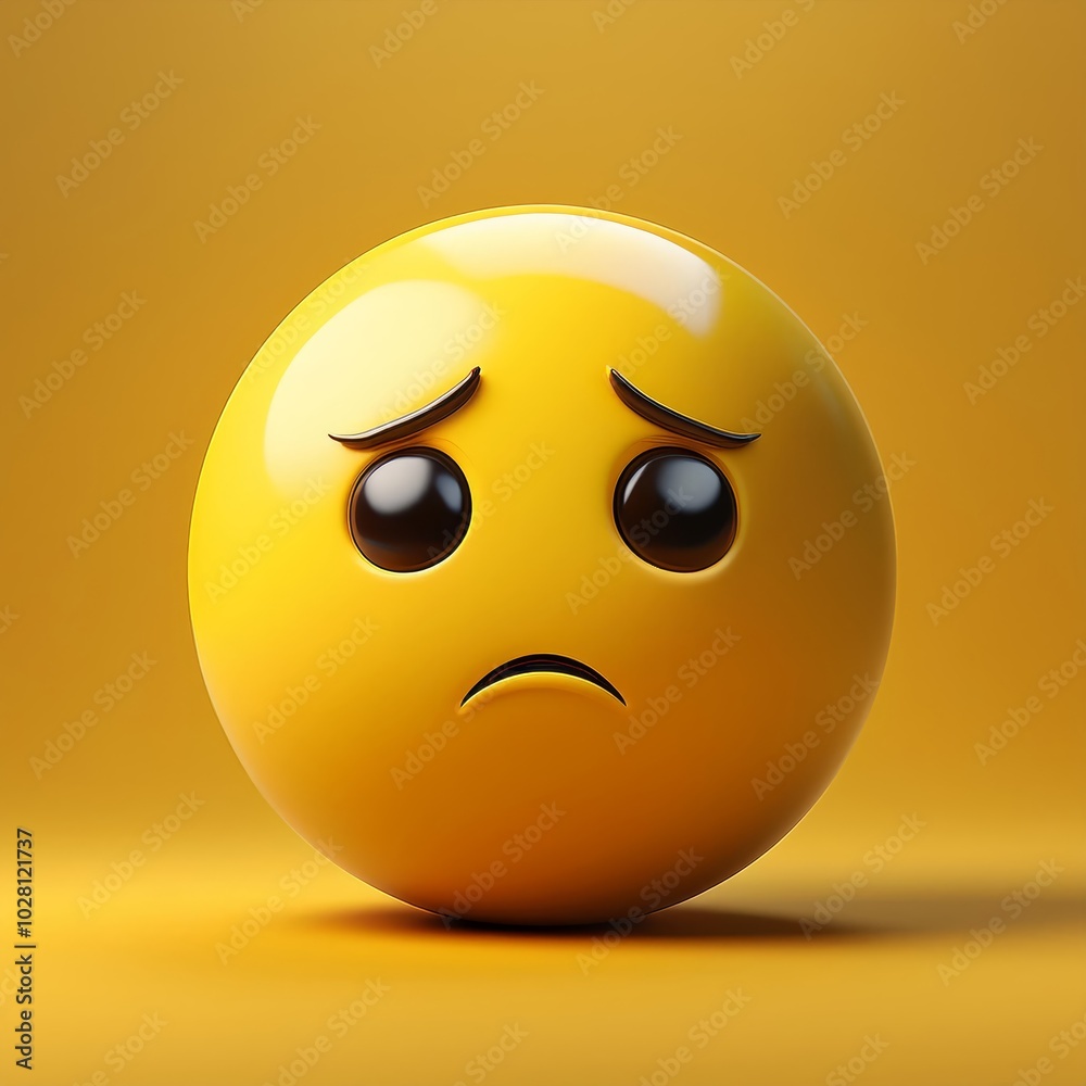 A yellow 3D emoji with a sad expression. The emoji has downturned eyes ...