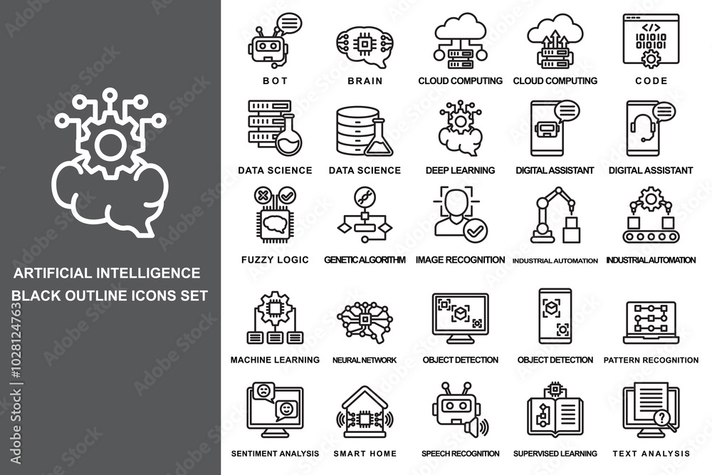 Artificial intelligence black outline icons set. contain bot, brain ...