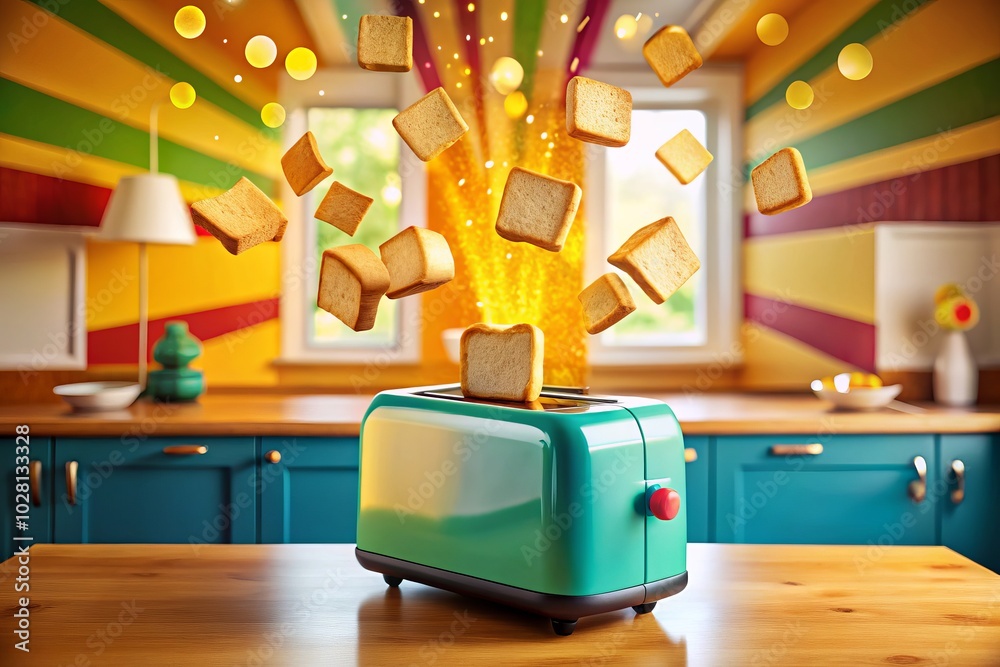 Cartoon Toaster Banner with Toasting Slices of Bread in a Colorful ...