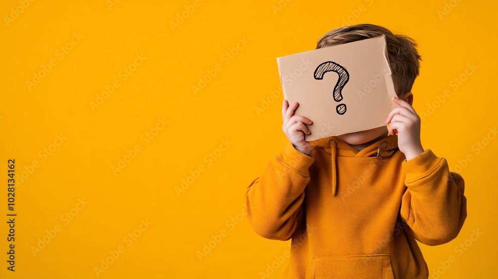 Child hiding face behind cardboard sign with question mark, vibrant ...