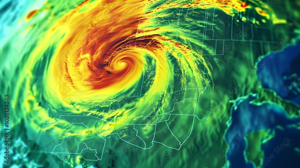 Weather radar displaying the predicted path of an approaching hurricane ...